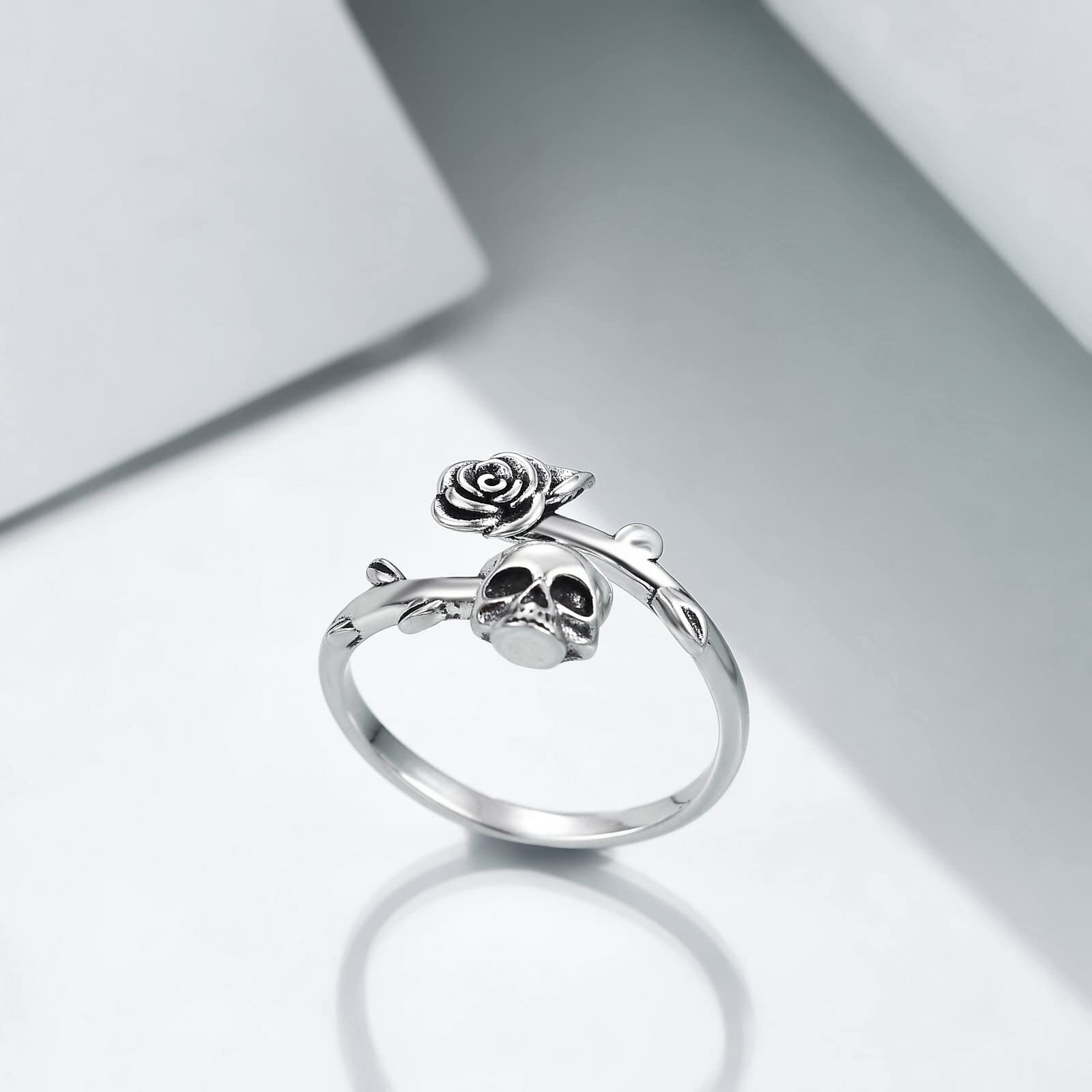 YAFEINI Gothic Skull Ring Open Wrap Rose Flower Skeleton Statement Ring Sterling Silver Retro Vintage Cocktail Party Punk Jewelry for Women Men (10)
