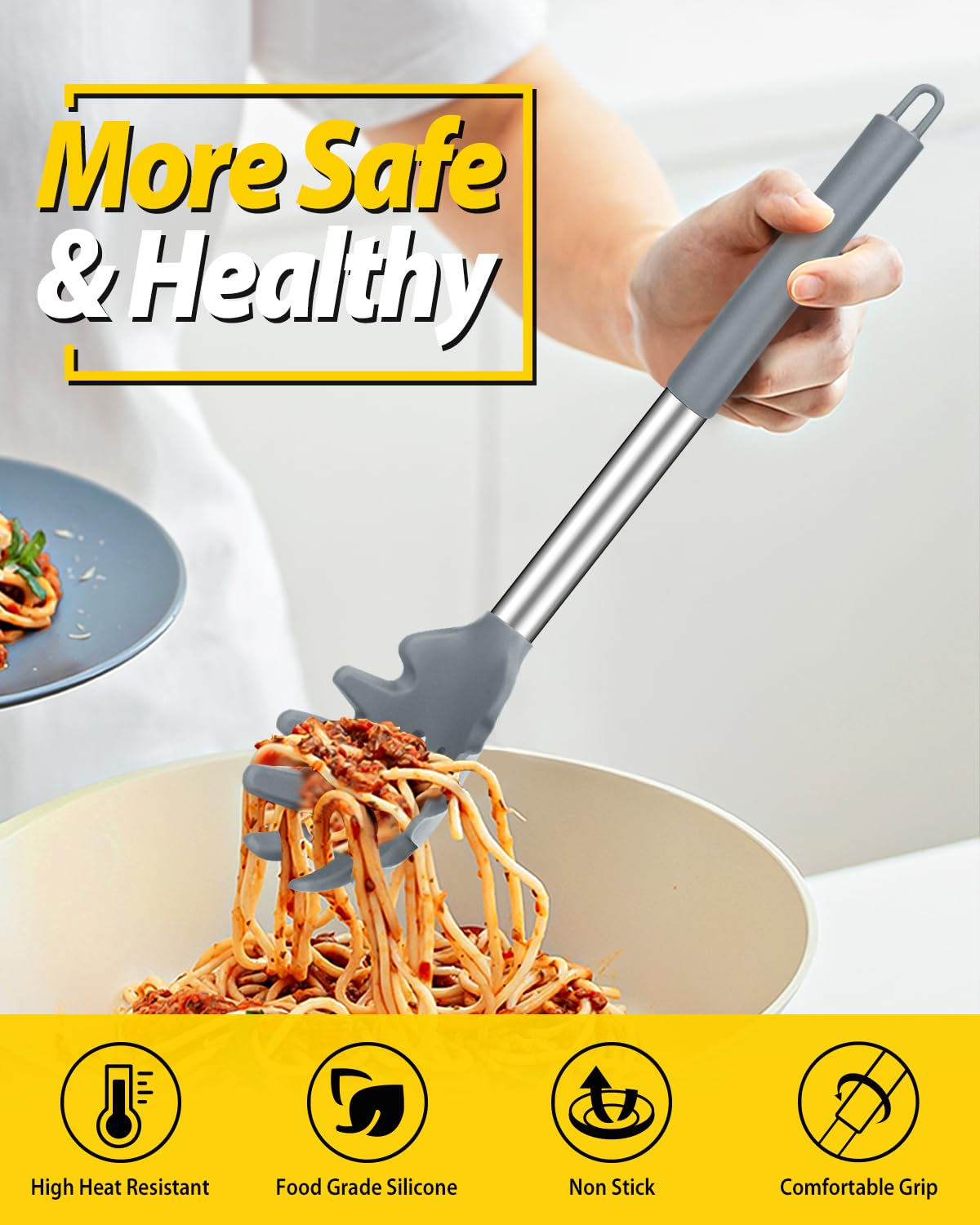 Silicone Pasta Fork and Cooking Spoon Set, Non Stick Kitchen Utensils for Cooking,Stirring,Serving Spaghetti, Soup, Sauce (GREY)