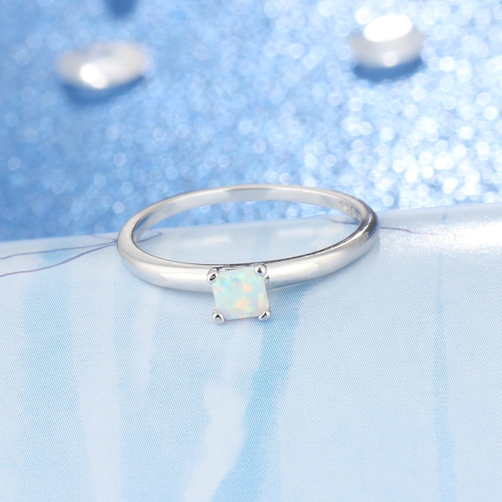 SILBERTALE Opal Ring 925 Sterling Silver Small Birthstone Princess Cut Opal Solitaire Promise Engagement Ring Women Stacking Wedding Band Size 7