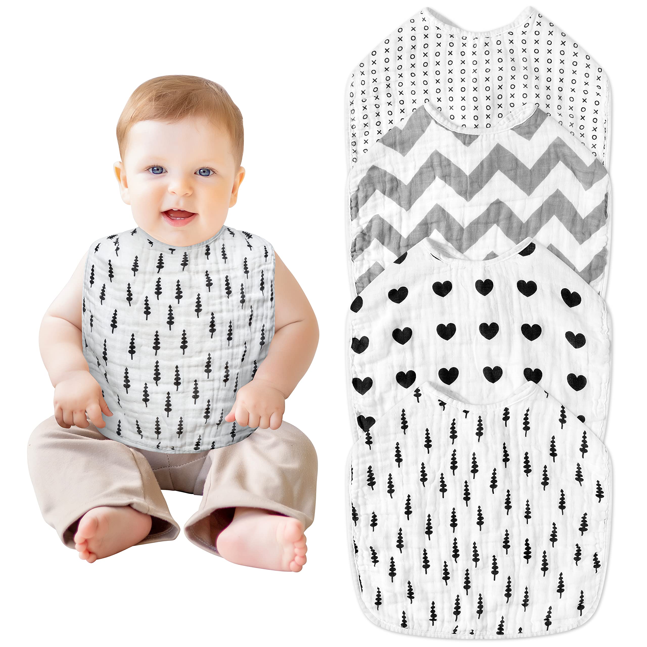 Zainpe 4Pcs Muslin Cotton Feeding Bibs for Baby Love Heart XOXO Trees Extra Large Adjustable Bib with 4 Absorbent Soft Layers Machine Washable Burp Cloths for Unisex Infant Newborn Toddler Drooling