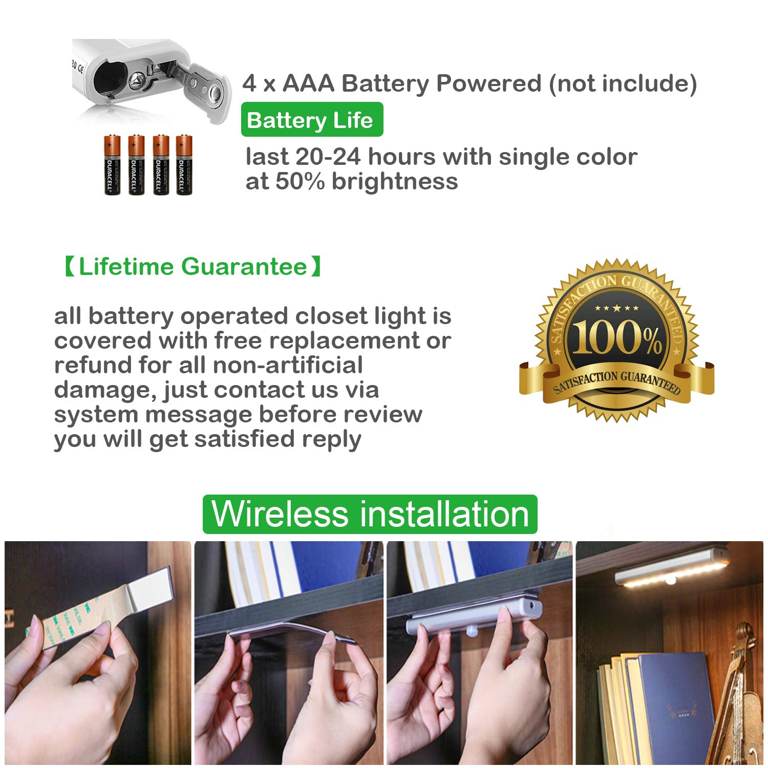 SZOKLED Under Cabinet Lights Battery Operated, Remote Control Closet Light 20-LED, Wireless Counter Lighting, Stick on Touch Night Light for Kitchen Hallway Stairs, Timing & Dimmable, 4 Pack