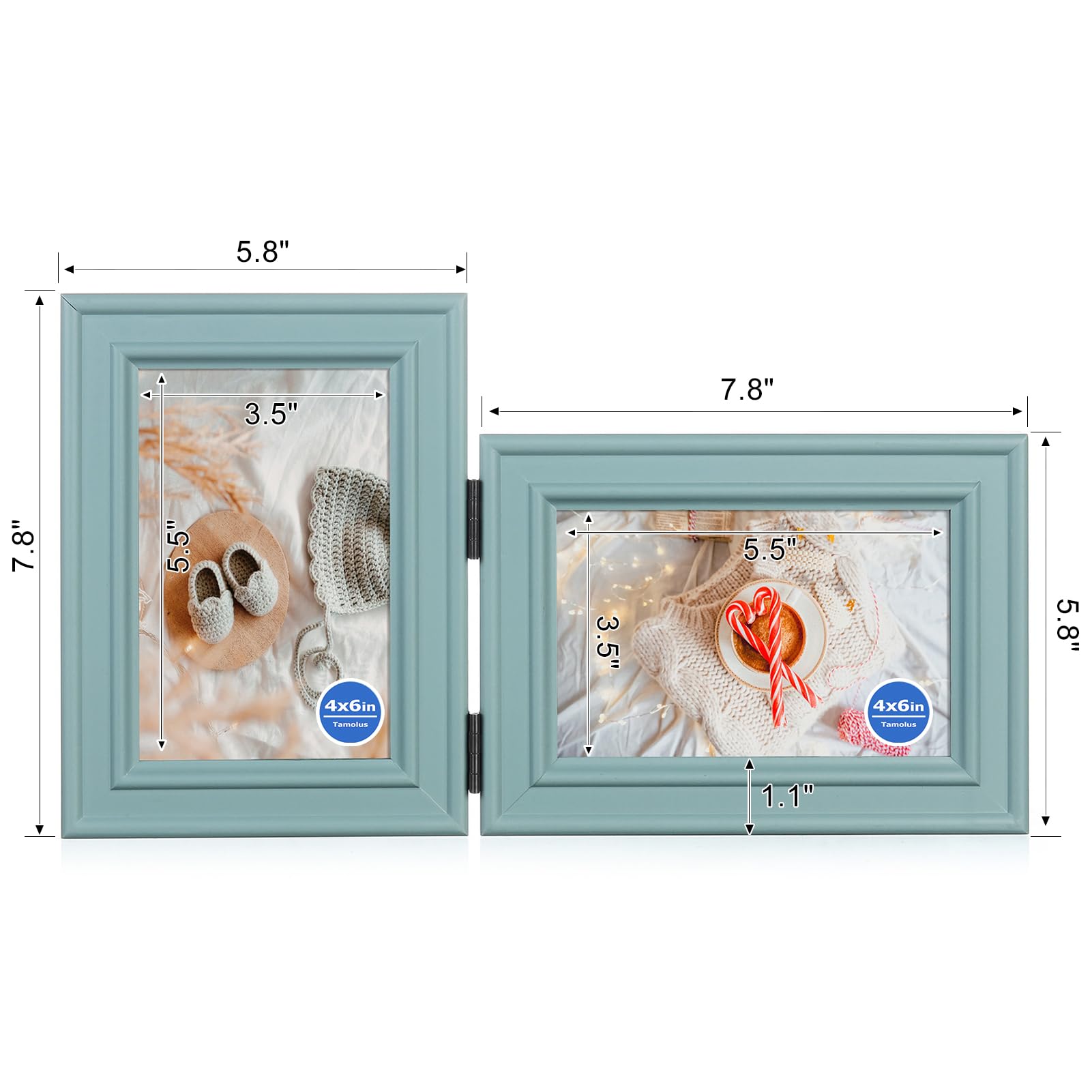Tamolus 4x6 Double Hinged Picture Frame Folding Photo Frame Vertical and Horizontal in Teal Blue Pine Wood with Real Glass for Tabletop X3-LAN-SH46