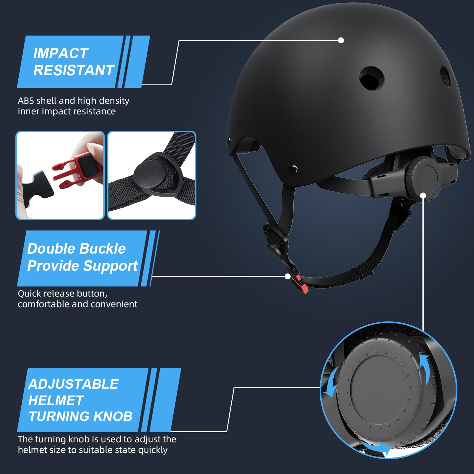 Skateboard Bike Helmet Kids Bike Helmet for Ages 8-14 Adjustable Lightweight Multi-Sport Helmets for Bicycle Skate Scooter (Black-Medium)