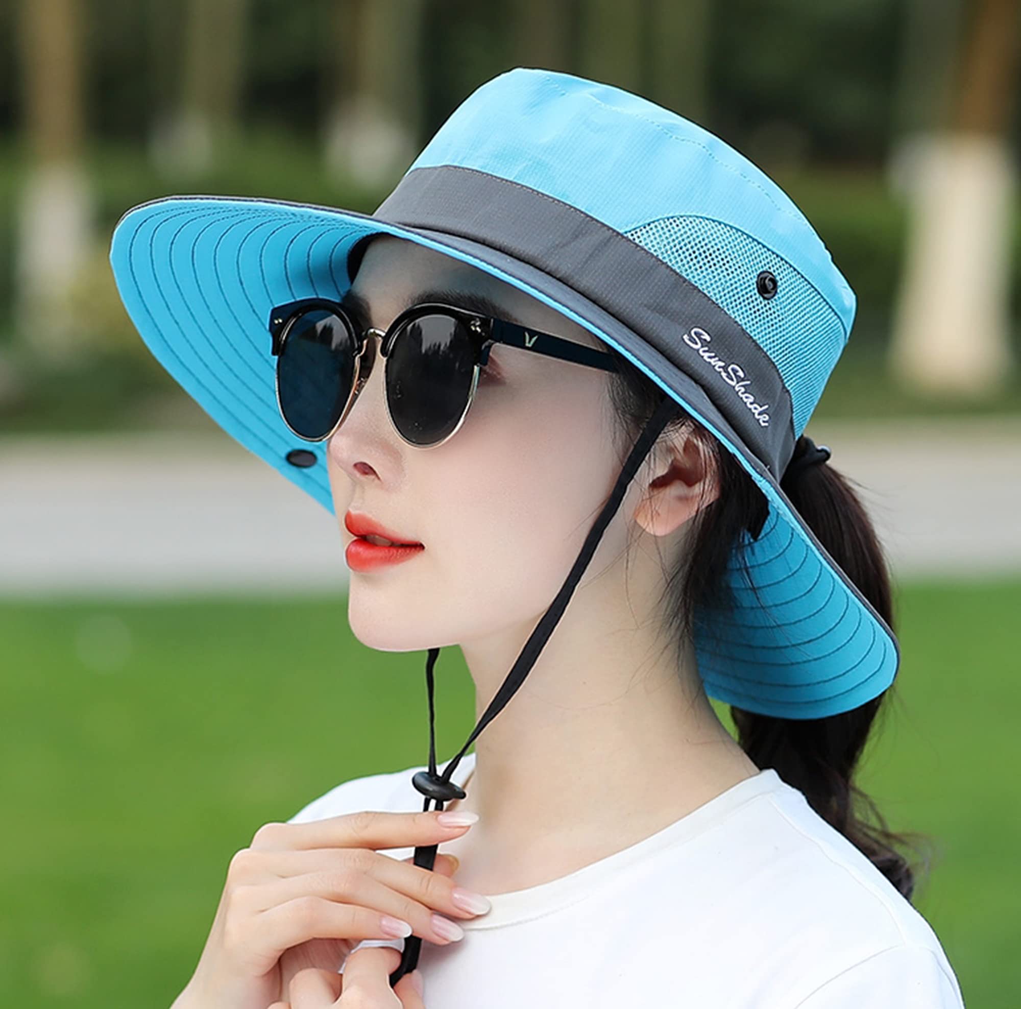 Womens Ponytail Sun Hats with UV Protection Wide Brim Mesh Ponytail Hole Bun Bucket Hat(2pcs Pink+Black