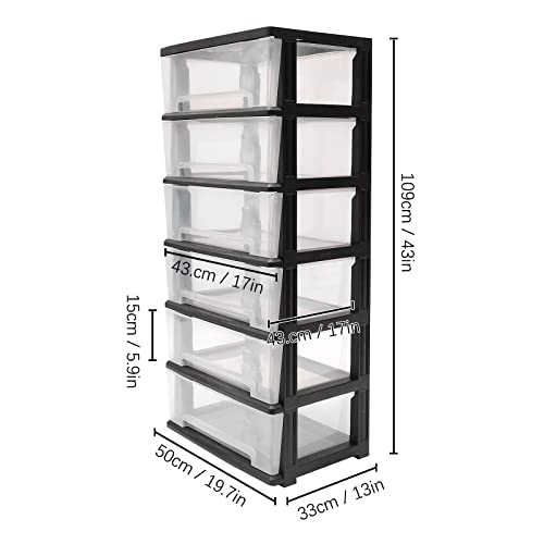 RustyVioum 6-Tier Books Storage Organizer, Rolling Storage Carts File Storage, Rolling Kitchen Cart Trolley w/Wheels for Closet Living Room Hallway Dormitory, Black+Clear/White+Clear (Black+Clear)