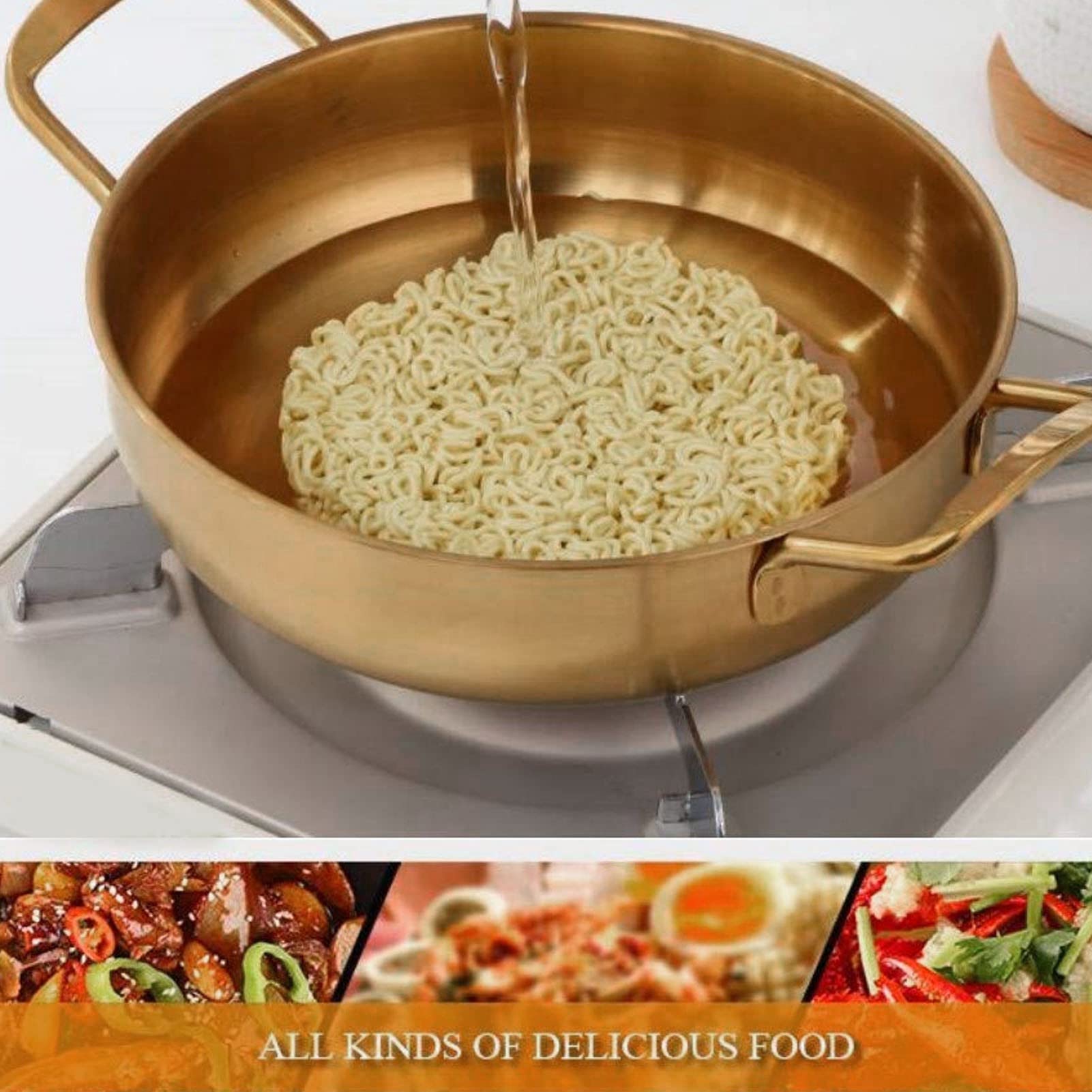 Ramen Noodle Pot, Gold Korean Ramen Cooking Pot with Double Handle,Fast Heating For Home Kitchen Restaurant Cookware