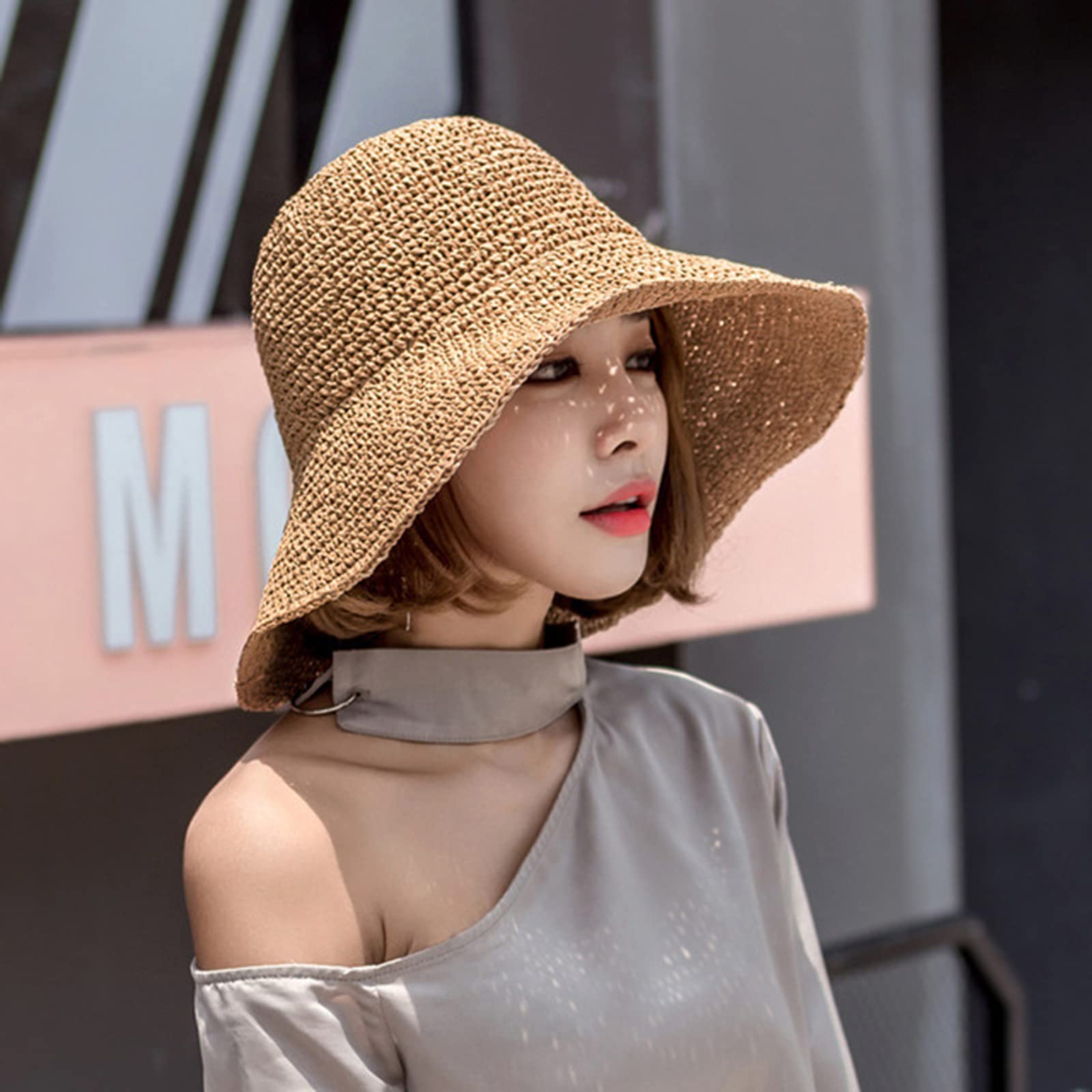 Womens Sun Straw Hat Wide Brim Summer Hat Foldable Roll up Floppy Beach Hats for Women Girl UPF 50+ (WS055)