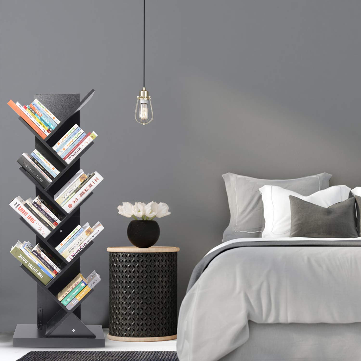 Wood Bookshelf Narrow Tall Tree Bookshelf Black Modern Open Wooden Bookcase Book Shelf Bookcases and Book Shelves