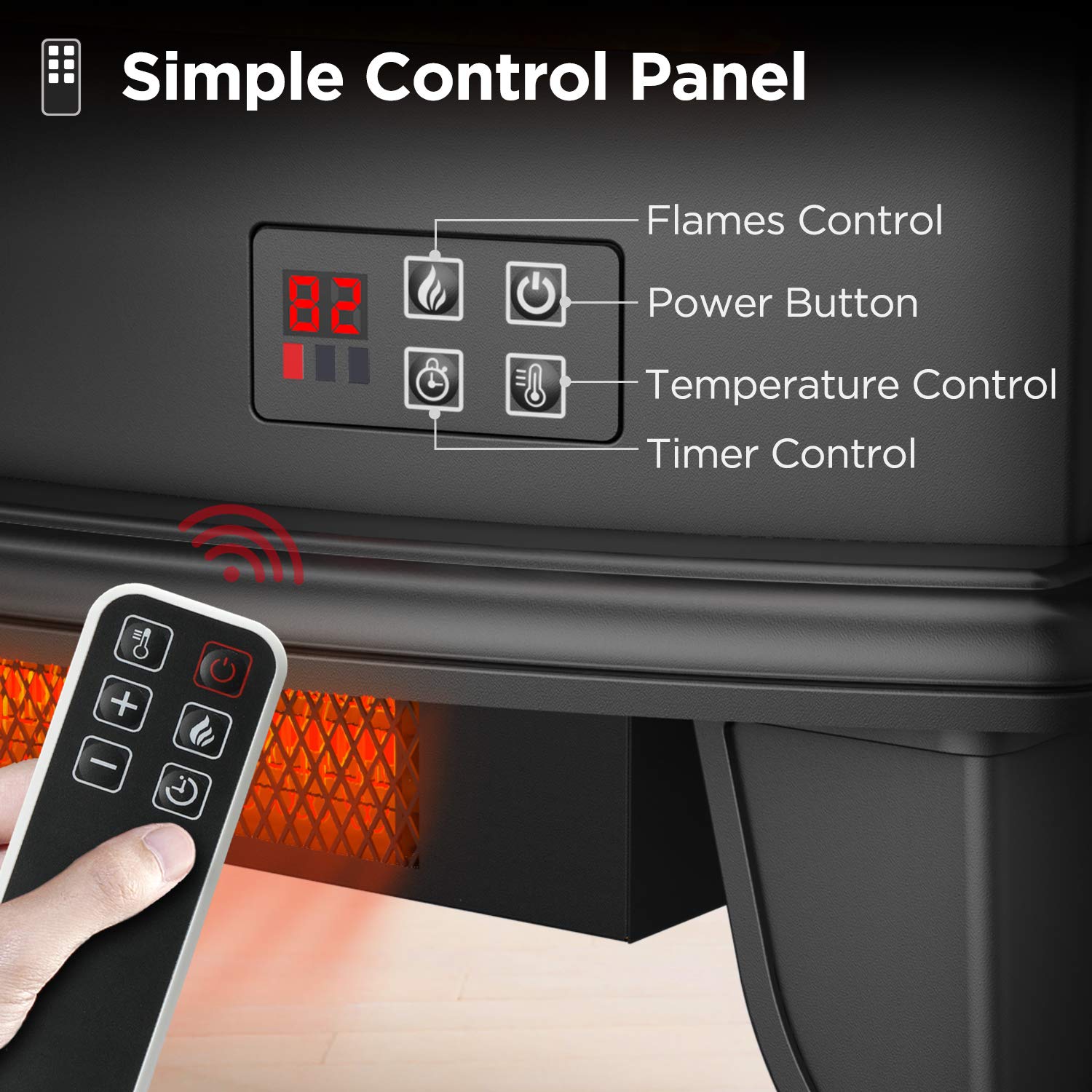 TURBRO Suburbs TS23-C Electric Fireplace Infrared Heater with Curved Door- 23" Freestanding Fireplace Stove with Adjustable Flame Effects, Overheating Protection, Timer, Remote Control - 1400W, Black