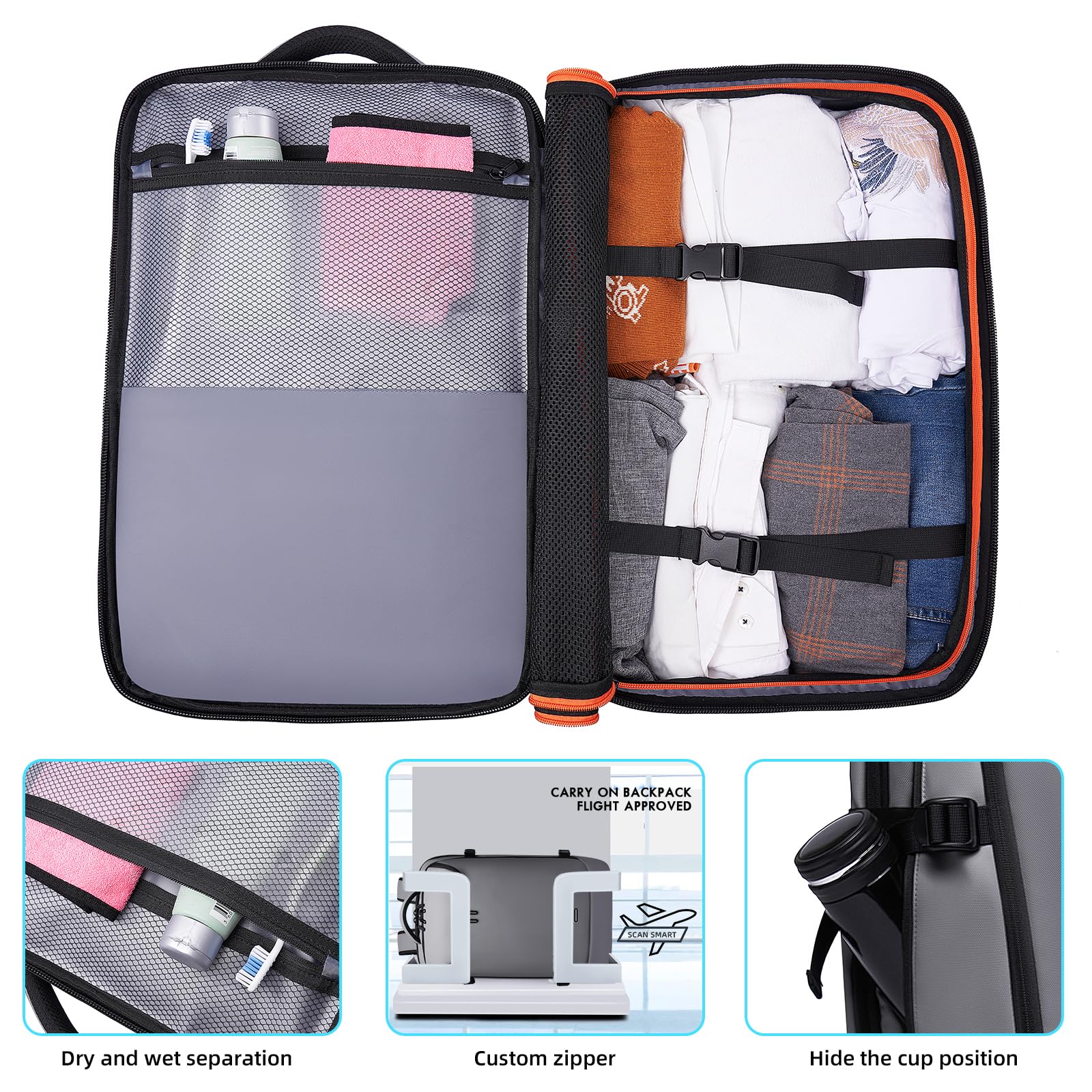 TANGCORLE Carry on Backpack Airline Approved for Men, Travel 50L Expandable backpack Luggage Fits 17.3 Inch Laptop with USB Charging Port(grey)