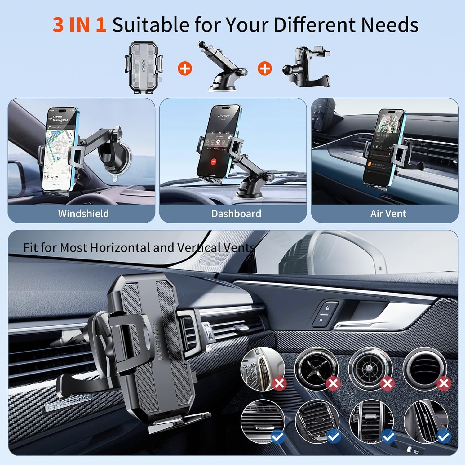 SUUSON Car Phone Holder Mount [Upgraded]-[Bumpy Roads Friendly] Phone Mount for Car Dashboard Windshield Air Vent 3 in 1,Hand Free Mount for iPhone 15 14 13 Pro Max Samsung All Cell Phones (Black)