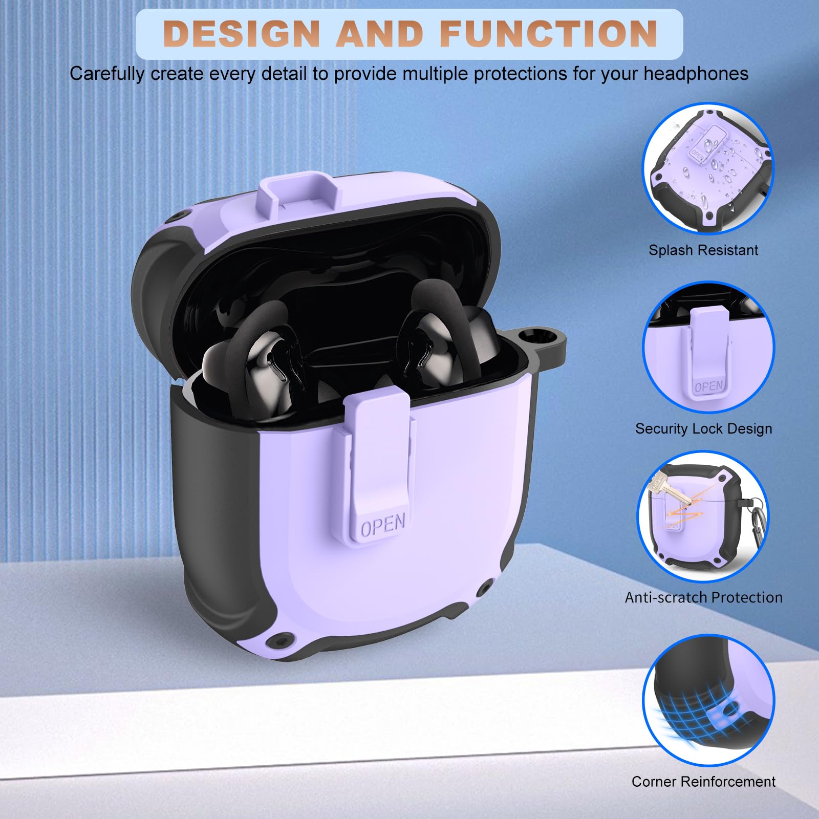 Secure Lock Bose QuietComfort Earbuds II Case(2022)&Bose QuietComfort Ultra Case(2023),WOFRO Full-Body Shockproof Protective Bose Earbuds 2 Case Cover Hard Accessories with Carabiner&Lanyard(Purple)