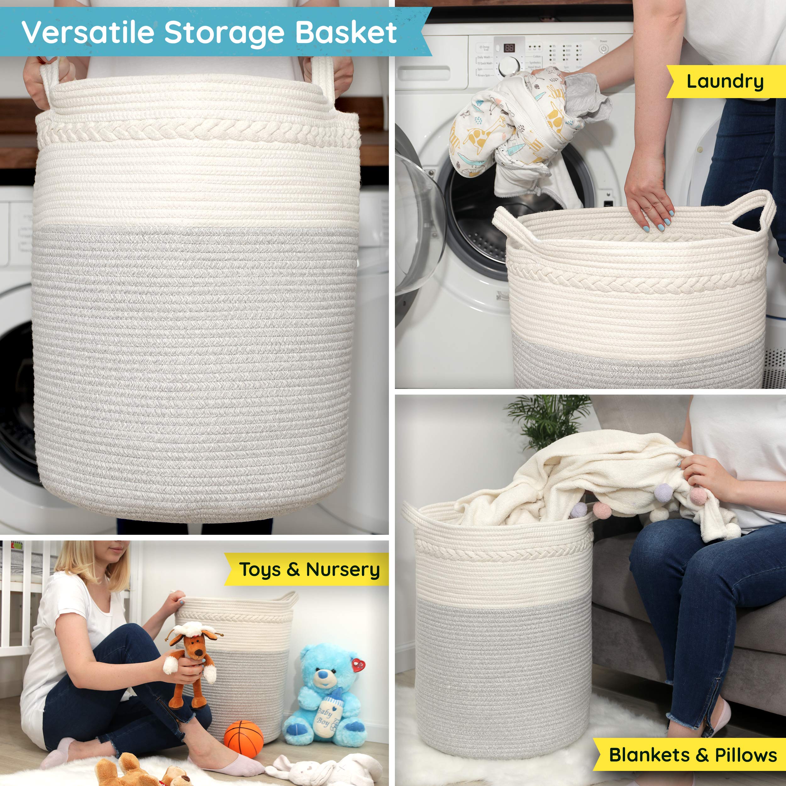 StarHug Large Woven Storage Basket - 20 x 16 inch Laundry Hamper – For Blankets, Throws, Pillows, Toys, Nursery - 100% Cotton Rope - Stylish Bin with Gift of Mesh Laundry Bag