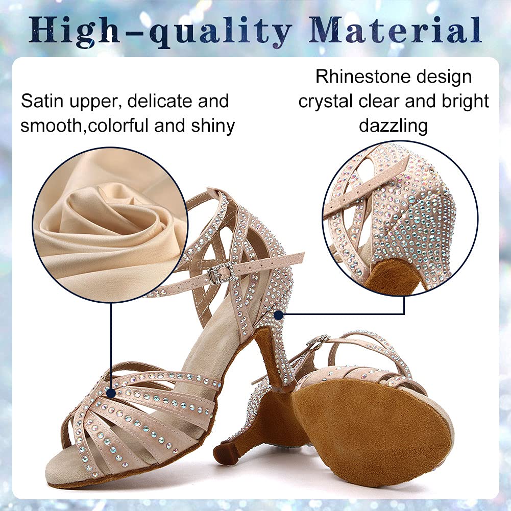 VCIXXVCE Women's Rhinestones Ballroom Dance Shoes Nude Suede Sole 3 Inch Heel Latin Salsa Bachata Performance Dance Heels,7.5 US