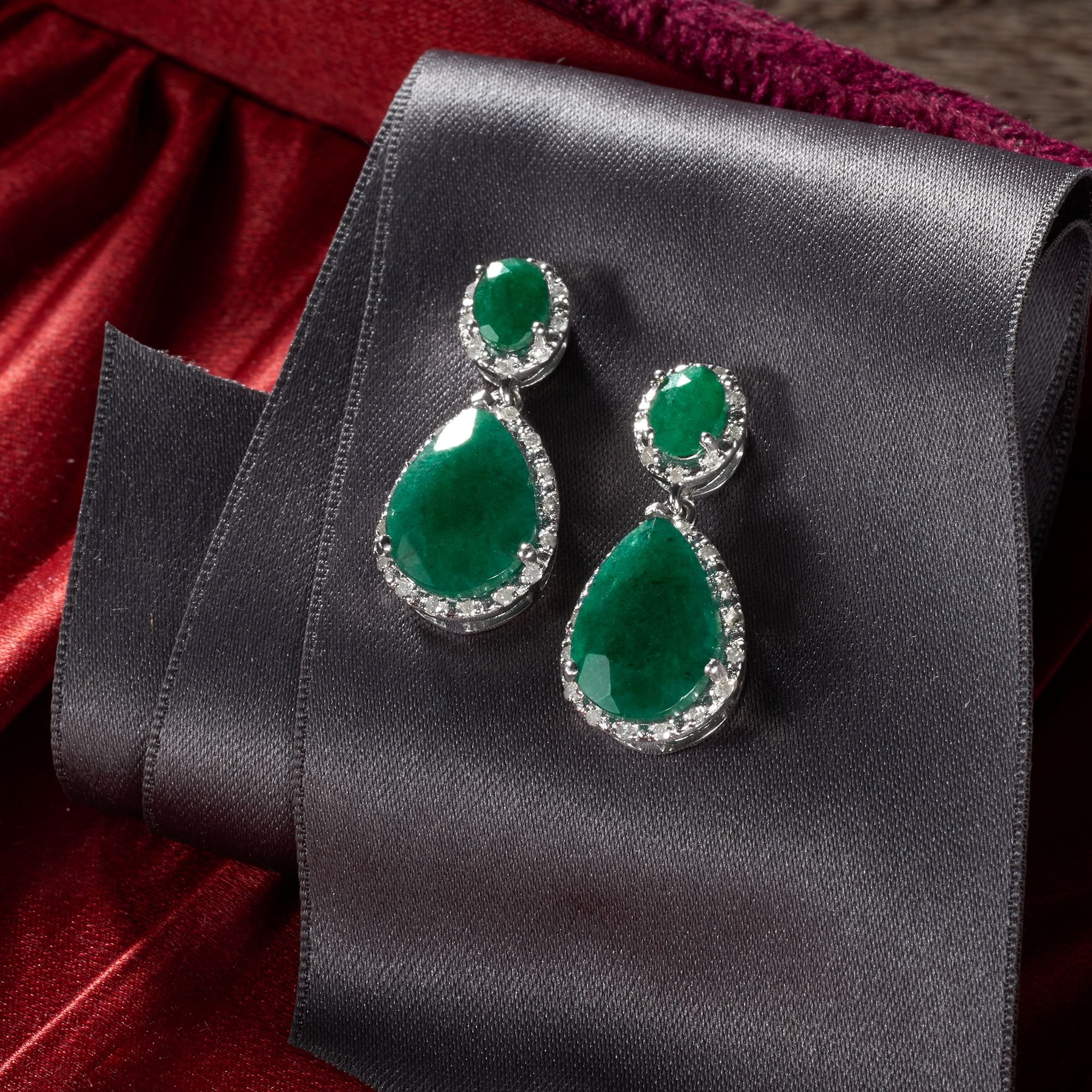 Ross-Simons 10.50 ct. t.w. Emerald and .35 ct. t.w. Diamond Drop Earrings in Sterling Silver