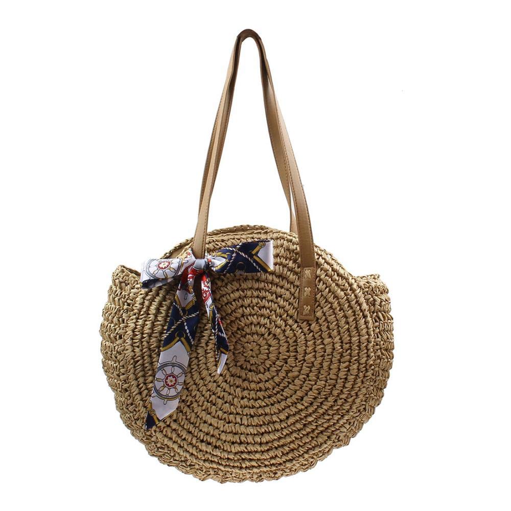 Straw Bag Women Handwoven Round Straw Handbag Natural Chic Large Summer Beach Tote Woven Handle Shoulder Bag (Khaki)