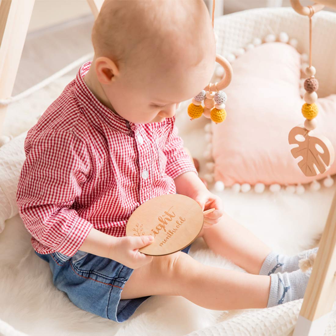 Wooden Baby Monthly Milestone, Double Sided Discs Round Wooden Milestone Baby Milestone Includes 14 Cards with Drawstring Bag (Rainbow Cards)