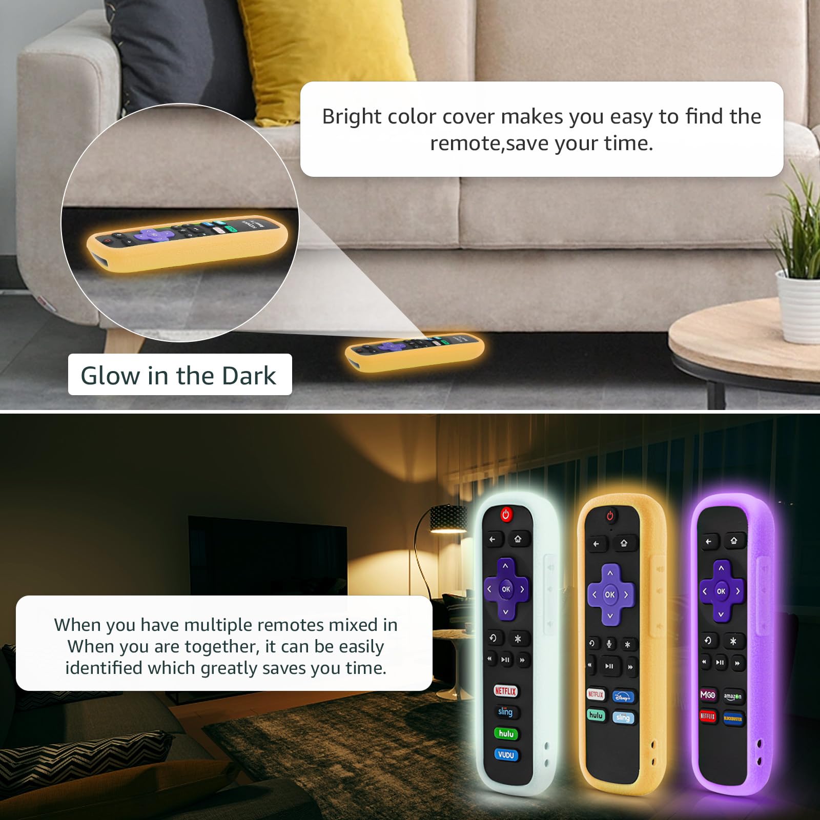 SOTATOO (3 Pack) Remote Cover for Roku, Remote Case Compatible with Roku Voice Remote Official, Silicone Universal Protective Controller Sleeve Glow in The Dark Purple Orange White with Lanyards