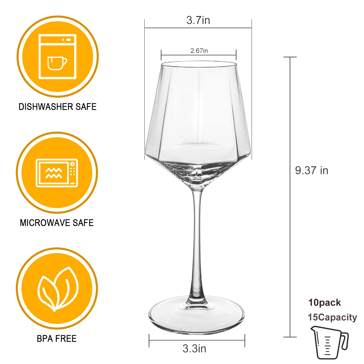 Ufrount Wine Glasses Set of 10,Clear Hexagon Shaped Wine Glass 15 Ounce,Red Wine Long Stem Glassware,Diamond Shaped Old Fashioned Stemware for Beverage,Home Bar