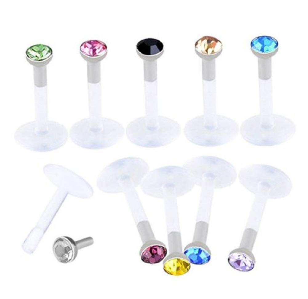 Tiande 10PCS 16G Clear UV Flexible Acrylic 2mm CZ Gem Labret Monroe Lip Ring/Tragus/Helix/Cartilage Earring Stud Barbell Body Piercing Jewelry