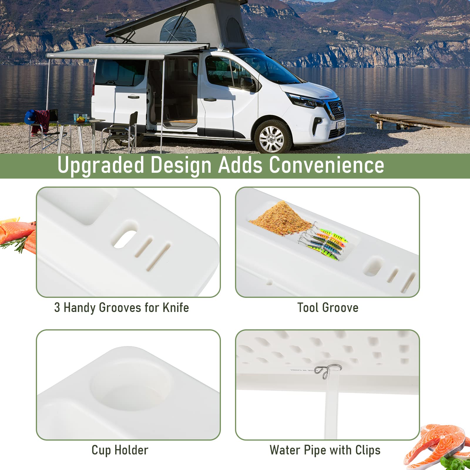 S AFSTAR Folding Fish Cleaning Table, Portable Fish Fillet Cutting Table w/Knife Slots, Cup Holder, Drainage Hose, Compact Boat Bait Table, Small Cutting Board for Camping Picnic Beach