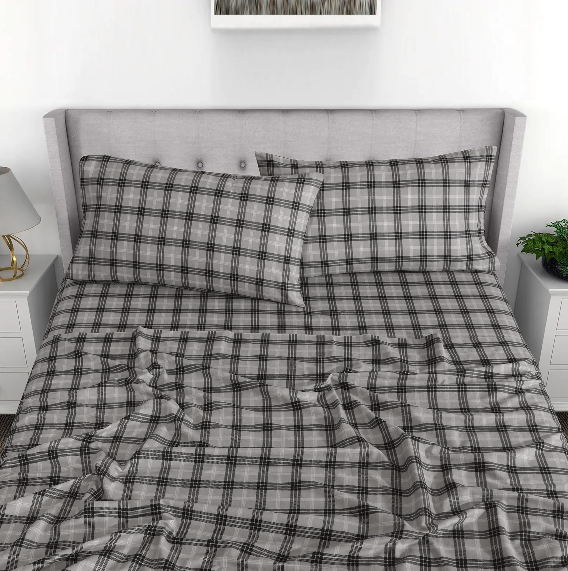 RUVANTI Flannel Sheets Full Size - 100% Cotton Brushed Flannel Bed Sheet Sets - Deep Pockets 16 Inches (fits up to 18") - All Seasons Breathable & Super Soft - Warm & Cozy - 4 Pcs - Dark Grey Plaid