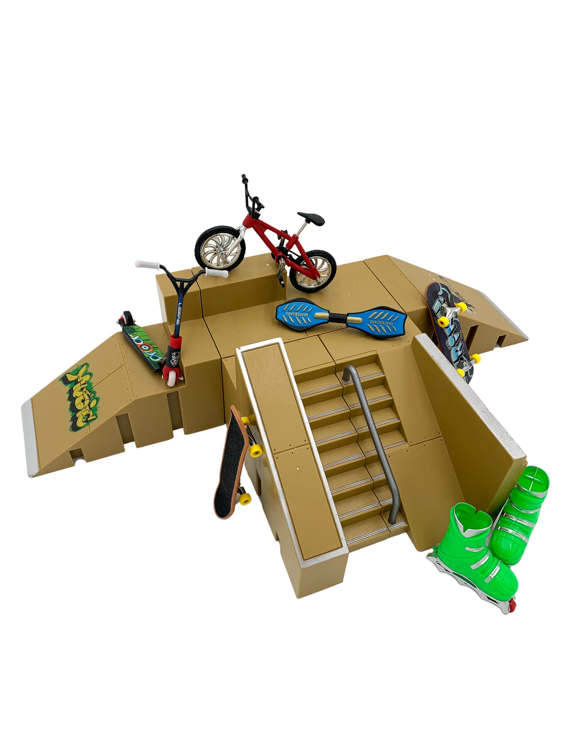 STASHABLES Finger Skateboard Ramp Set β Finger Skatepark Kit 16 Pieces β Skate Park Kit Including Skateboards, Ramps, Scooters, Skates, Bikes and Caster Boards β Fingerboard Skate Set
