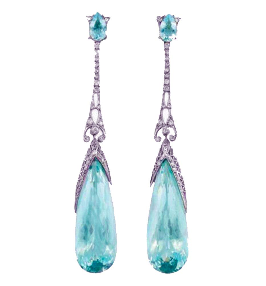 Silver Tone Antique Vintage Retro Art Deco Nouveau Style Gatsby Flapper Aquamarine Light Blue Topaz Rhinestone Pear Wedding Bridesmaid Earrings