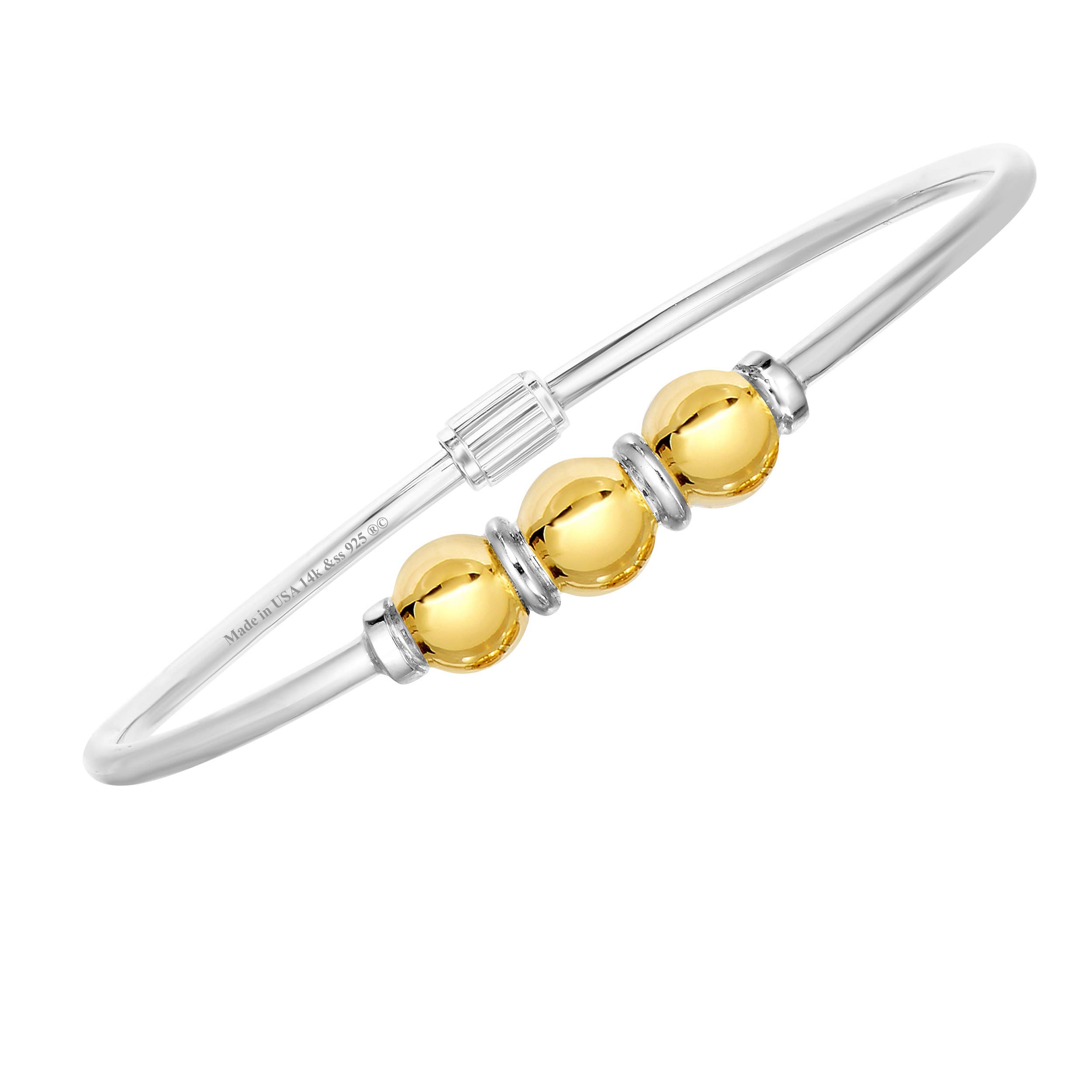 Unique Royal Jewelry Solid 925 Sterling Silver And 14K Gold Triple Ball Designer Ocean Side Bracelet Bangle. (14K Yellow Gold And Sterling Silver Size-6.5)