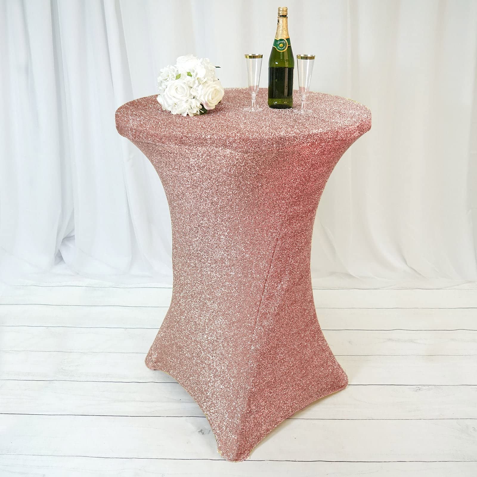 TABLECLOTHSFACTORY Rose Gold Wholesale Stretchy Spandex Tablecover Glitz Tablecloth for Cocktail Table Wedding Restaurant Tablecloth