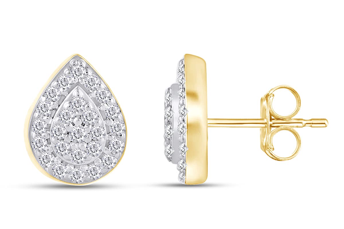 Wishrocks 1/10 Round Cut White Natural Diamond Pear Halo Studs Earrings for Women with Push Back in 14k Yellow Gold Over 925 Sterling Silver (0.10 Cttw, I-J/I2-I3) Gift Jewelry for Her