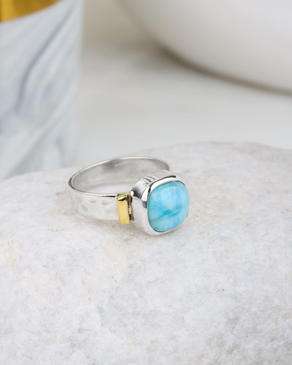 YoTreasure Larimar Solitaire Ring 925 Sterling Silver with Brass Accents