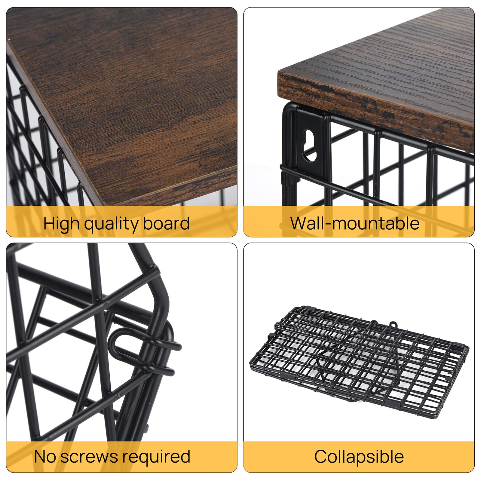 Wetheny 2pcs Fruit Basket Onion Storage Wire Basket with Wood Top- Wall Mounted & Stackable Kitchen Counter Organizer,Cabinet Organizer Bin for Potato,Produce,Bread,Snack Storage(Matte Black)