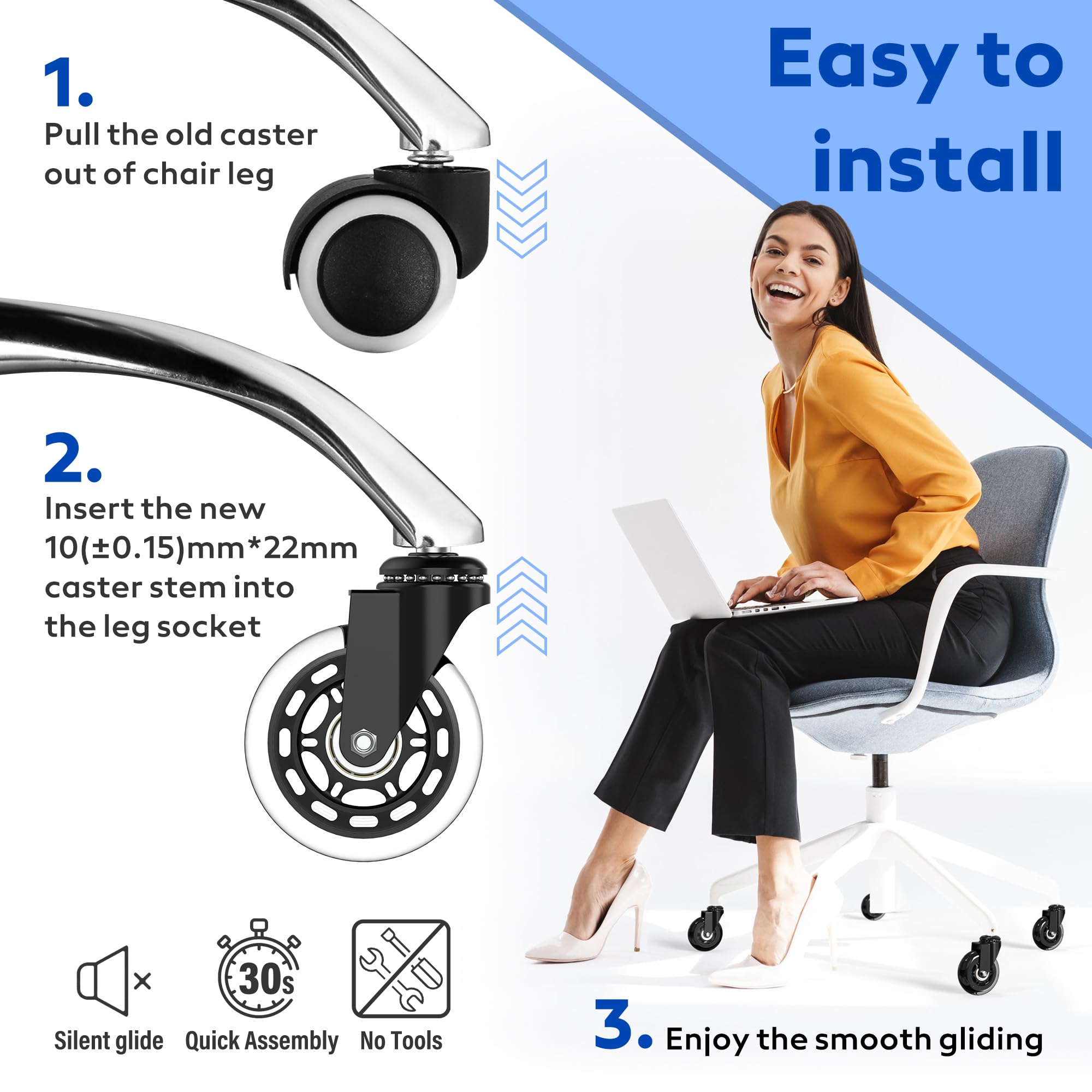 WEWILL Office Chair Caster Wheels 3" Rubber Replacement Chair Casters Up to 300KG Load Capacity Best Protection for Your Hardwood Floors and Carpet(10MM*22MM))