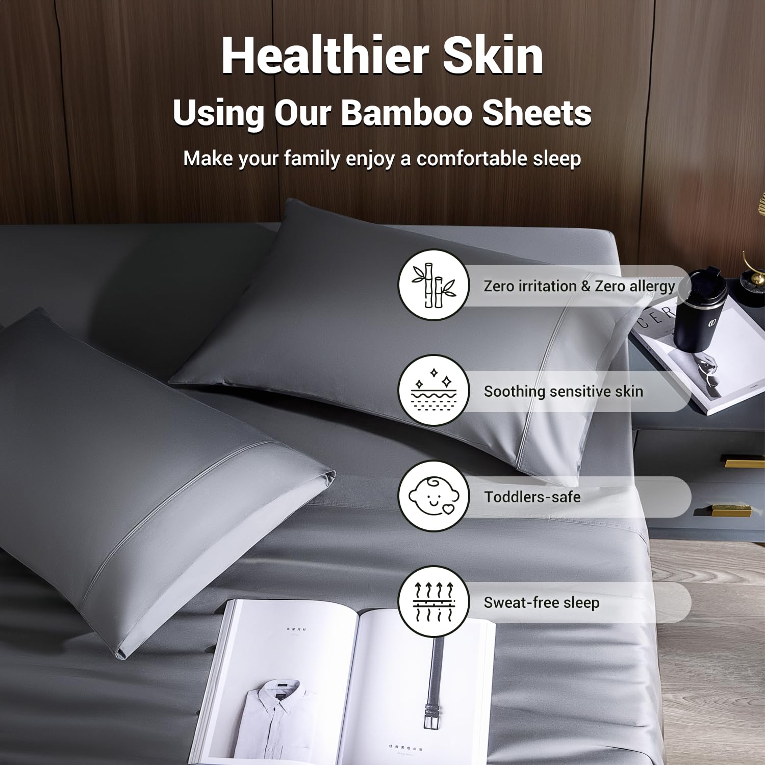 Shilucheng 4-Piece Full Size Sheets Set,Rayon Derived from Bamboo_,Cooling & Breathable Bed Sheets, Silky Bedding Sheets & Pillowcases, 16 Inch Deep Pockets (Full,Dark Grey)