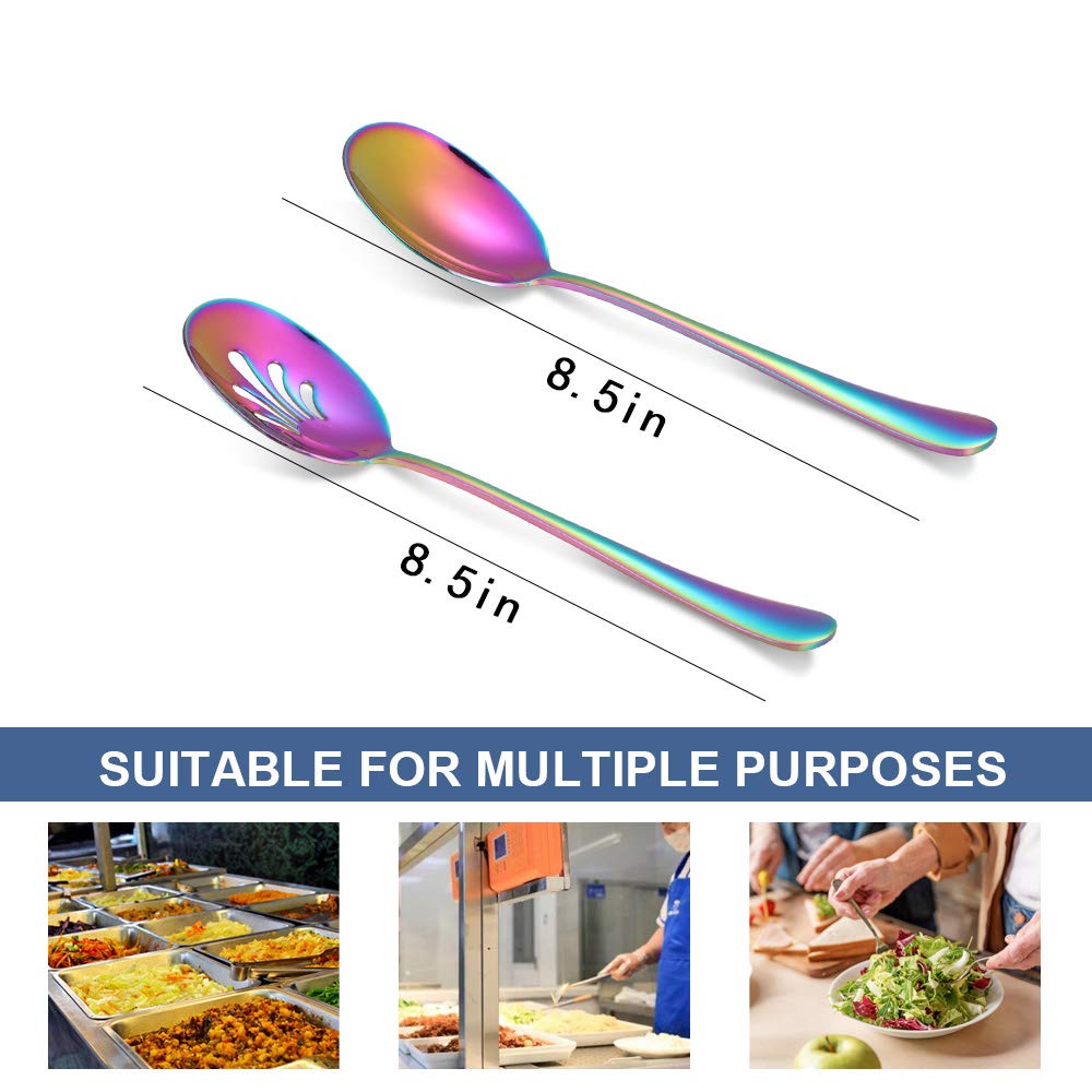 Rainbow Serving Spoons x 4, Rainbow Slotted Spoons x 4, 8.7 inches Rainbow Stainless Steel Serving Spoons Set for Buffet Can Banquet Cooking Kitchen-S (Rainbow4+4)