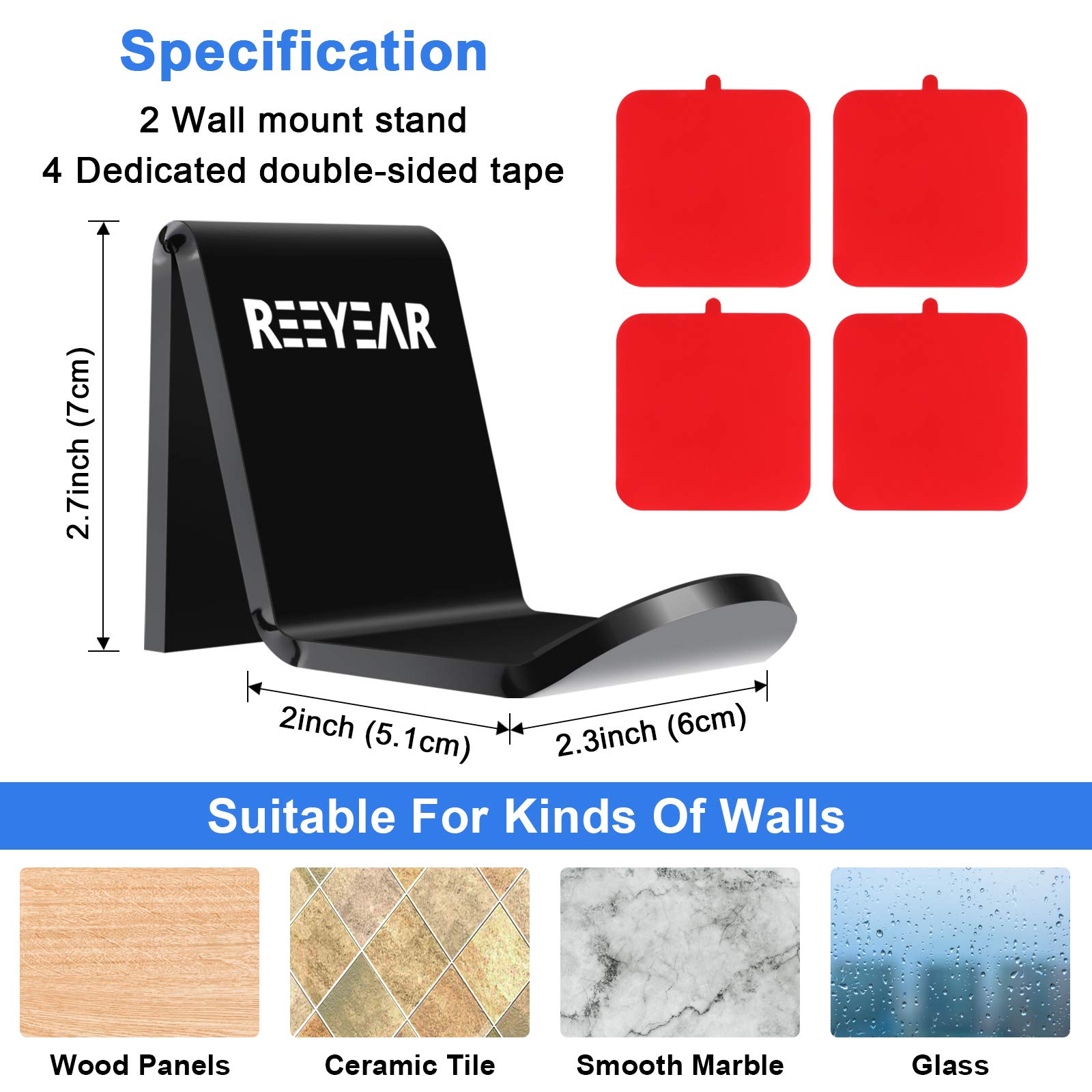 REEYEAR Video Game Controller Wall Mount Holder for Universal PS5 PS4 Xbox One S/Steam/Nintendo Switch/PC Video, No Drilling Stick on Stand Hanger for Gaming Controllers Headphone 2 Pcs Black