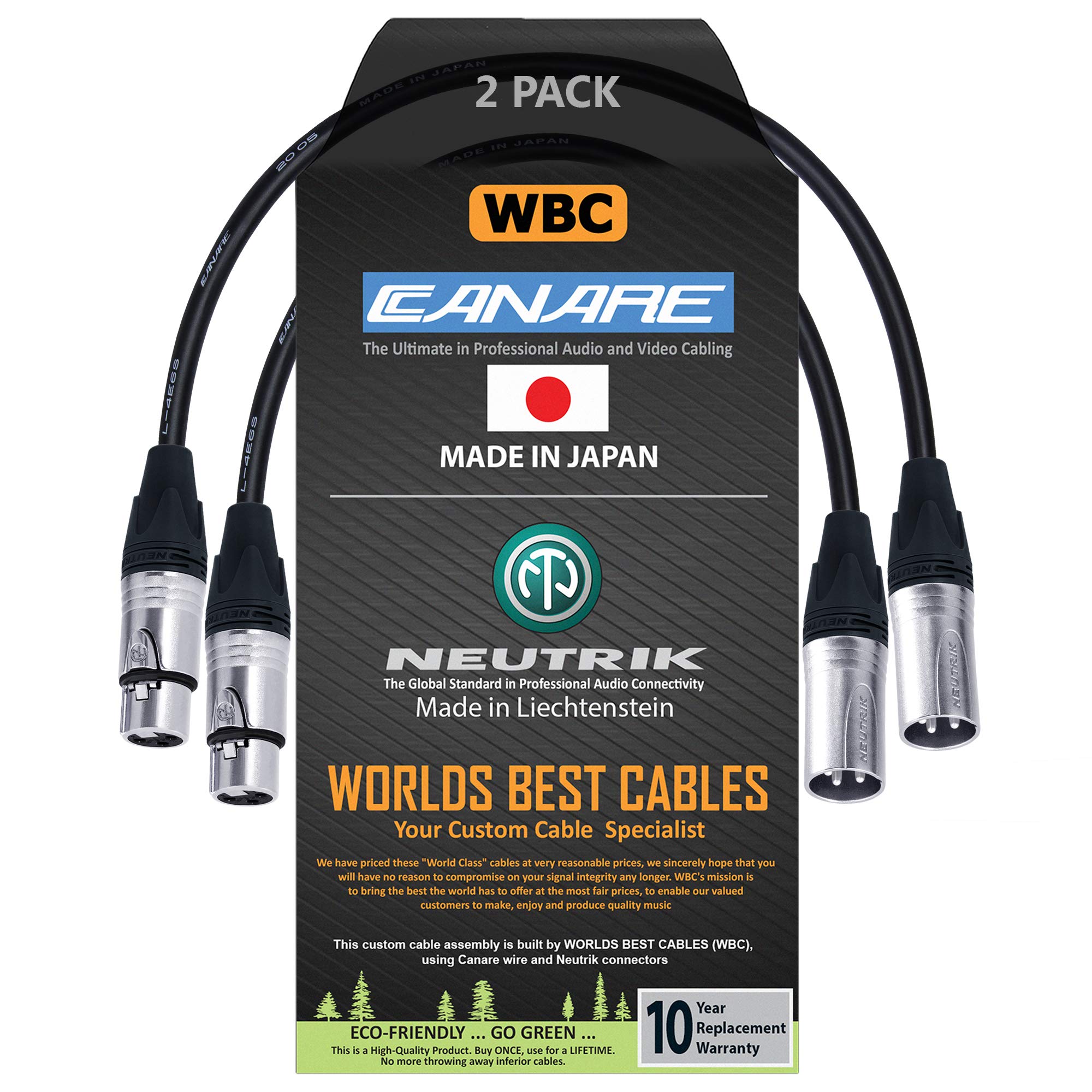 WORLDS BEST CABLES 2 Units - 1.5 Foot – Quad Balanced Microphone Cable CUSTOM MADE using Canare L-4E6S wire and Neutrik Silver NC3MXX Male & NC3FXX Female XLR Plugs