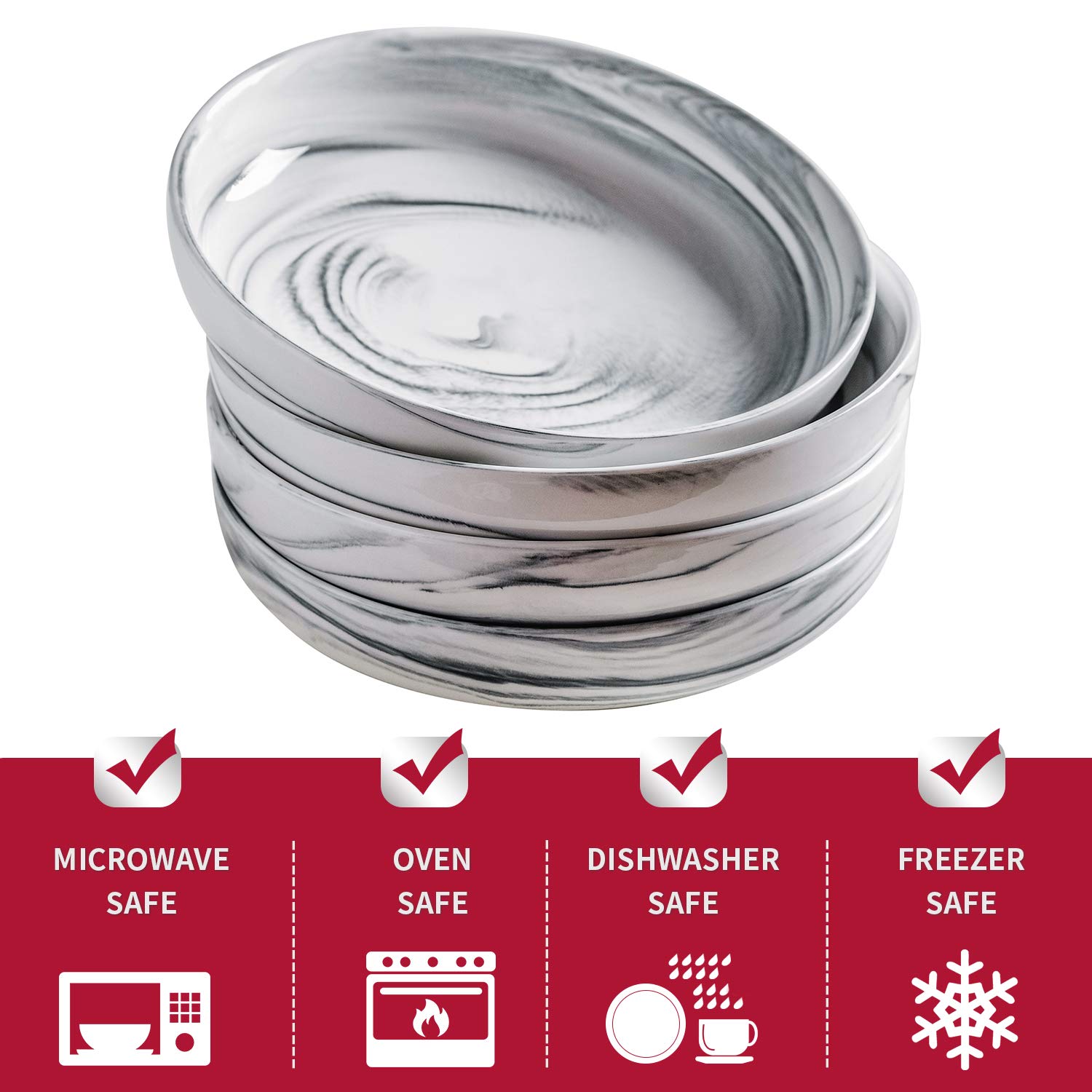 Yundu Porcelain 28 Ounce Pasta bowl Set,Salad bowls,Serving Bowls,Set of 4,Grey Marbled