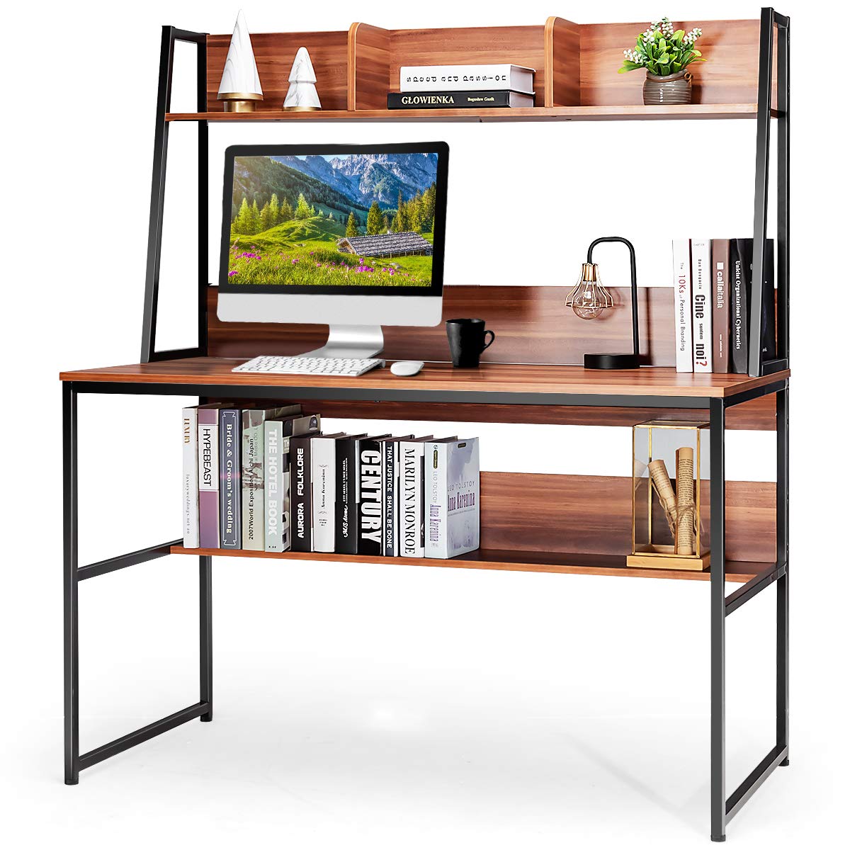 Tangkula Computer Desk with Hutch & Bookshelf, 47 Inches Space Saving Writing Study Table Home Office Desk, PC Laptop Table Workstation with w/ 3 Open Storage Space & Bottom Bookshelf (Brown)