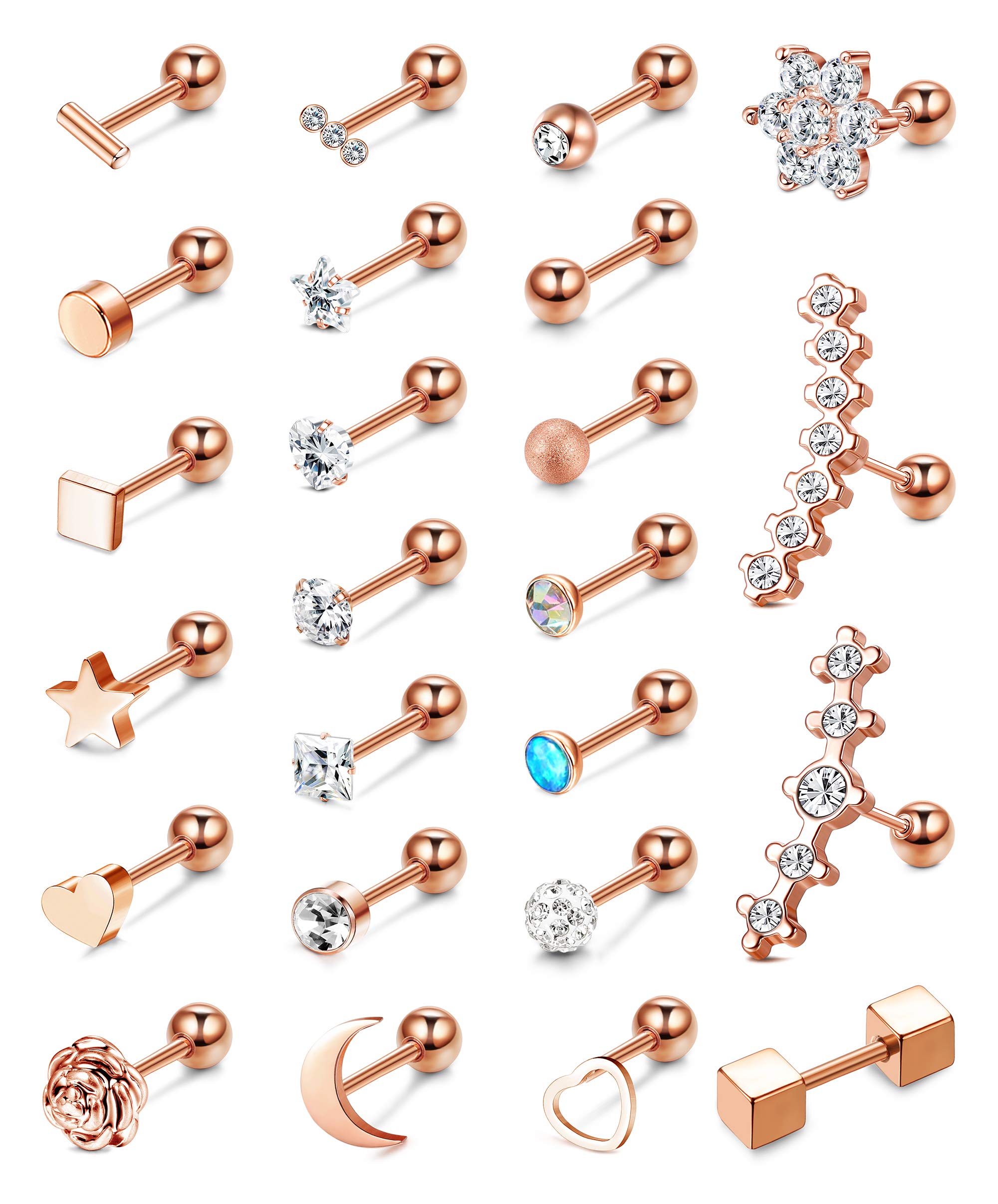 Subiceto 24 Pcs 18G Cartilage Stud Earrings for Women Stainless Steel Cz Helix Tragus Labret Ear Body Piercing
