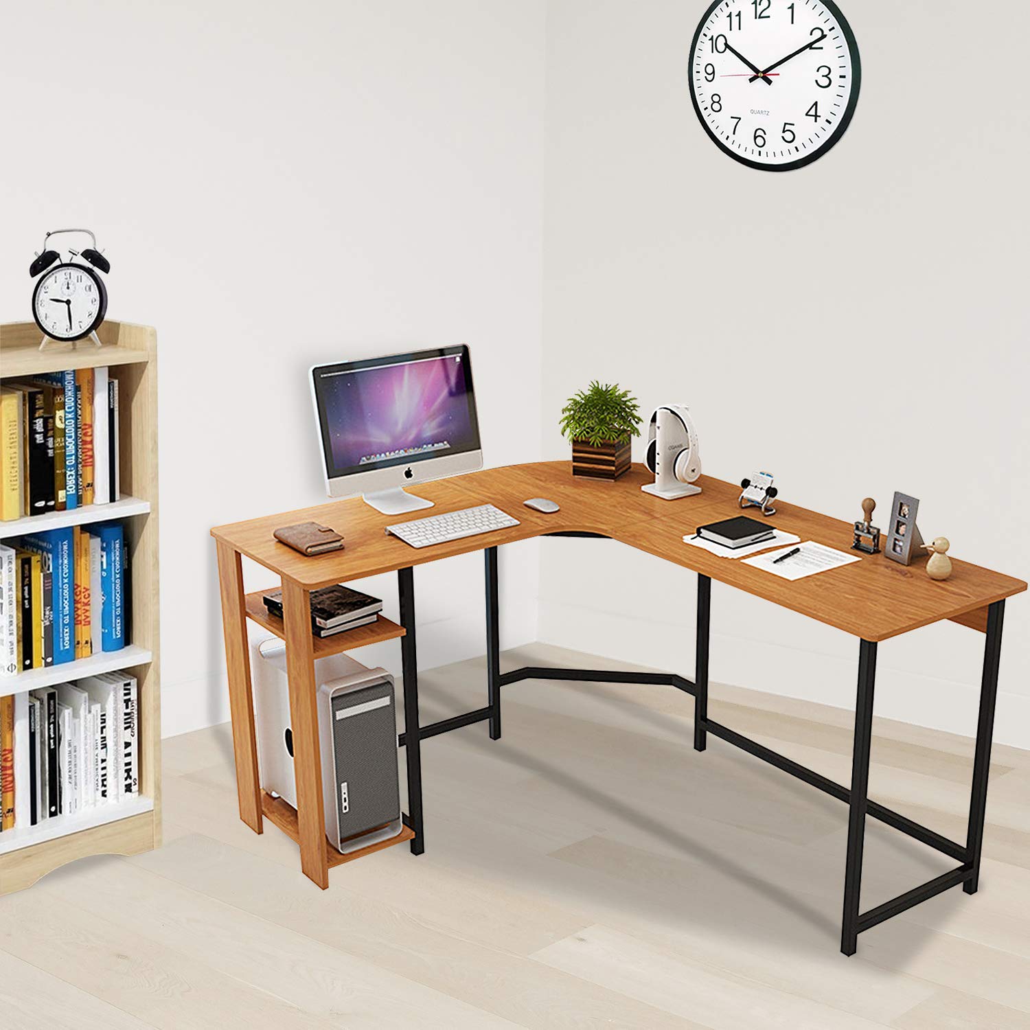 TY ARTS & CULTURE - L-Shaped Corner Desk Gaming Desk PC Table Office Computer Desk with Wood Laptop Black Frame Work Station Study Home Office Furniture | Black
