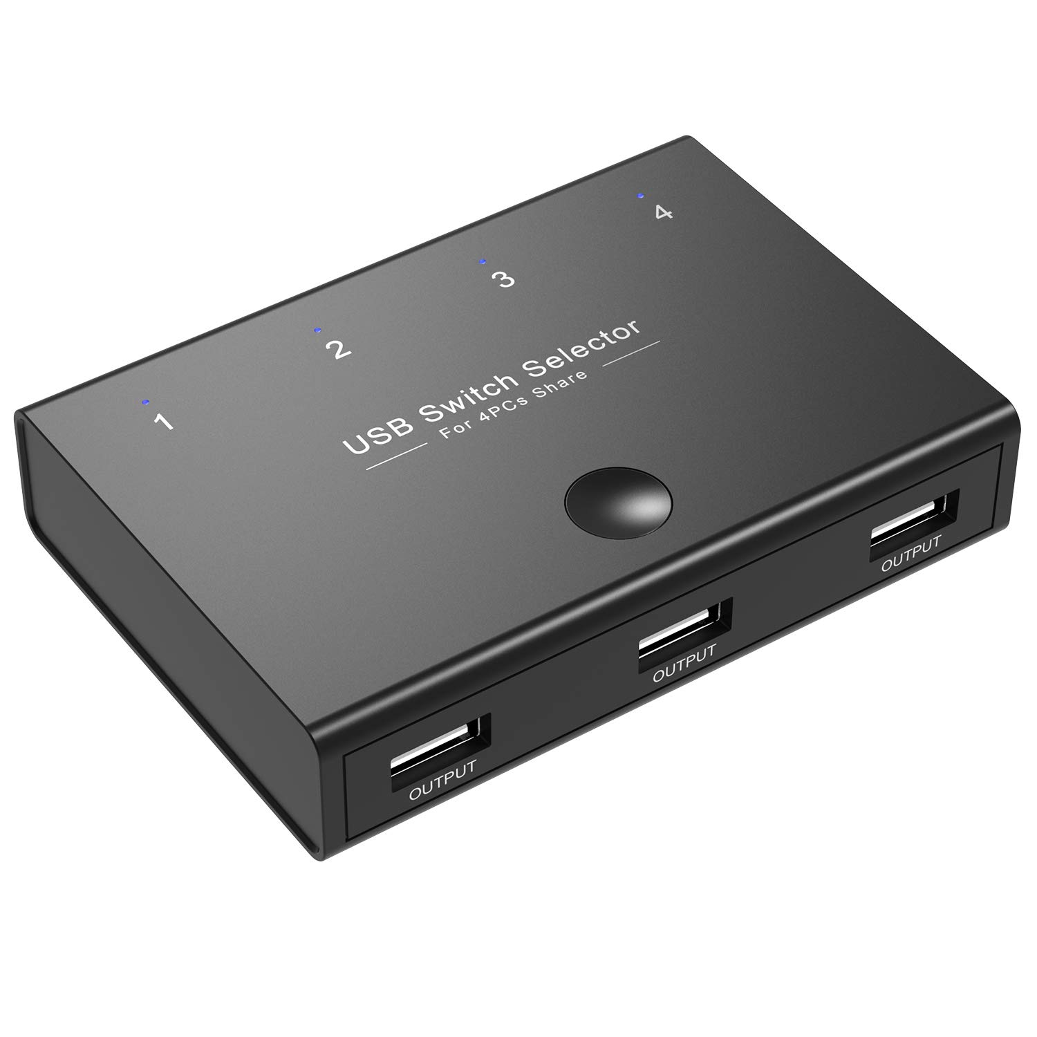 Rybozen USB 2.0 Switch Selector, KVM Switch Adapter for 4 PC Sharing 3 USB Devices, One-Button Swapping Box Hub for Keyboard, Mouse, Scanner, Printer, Computer, with 4 USB Cables