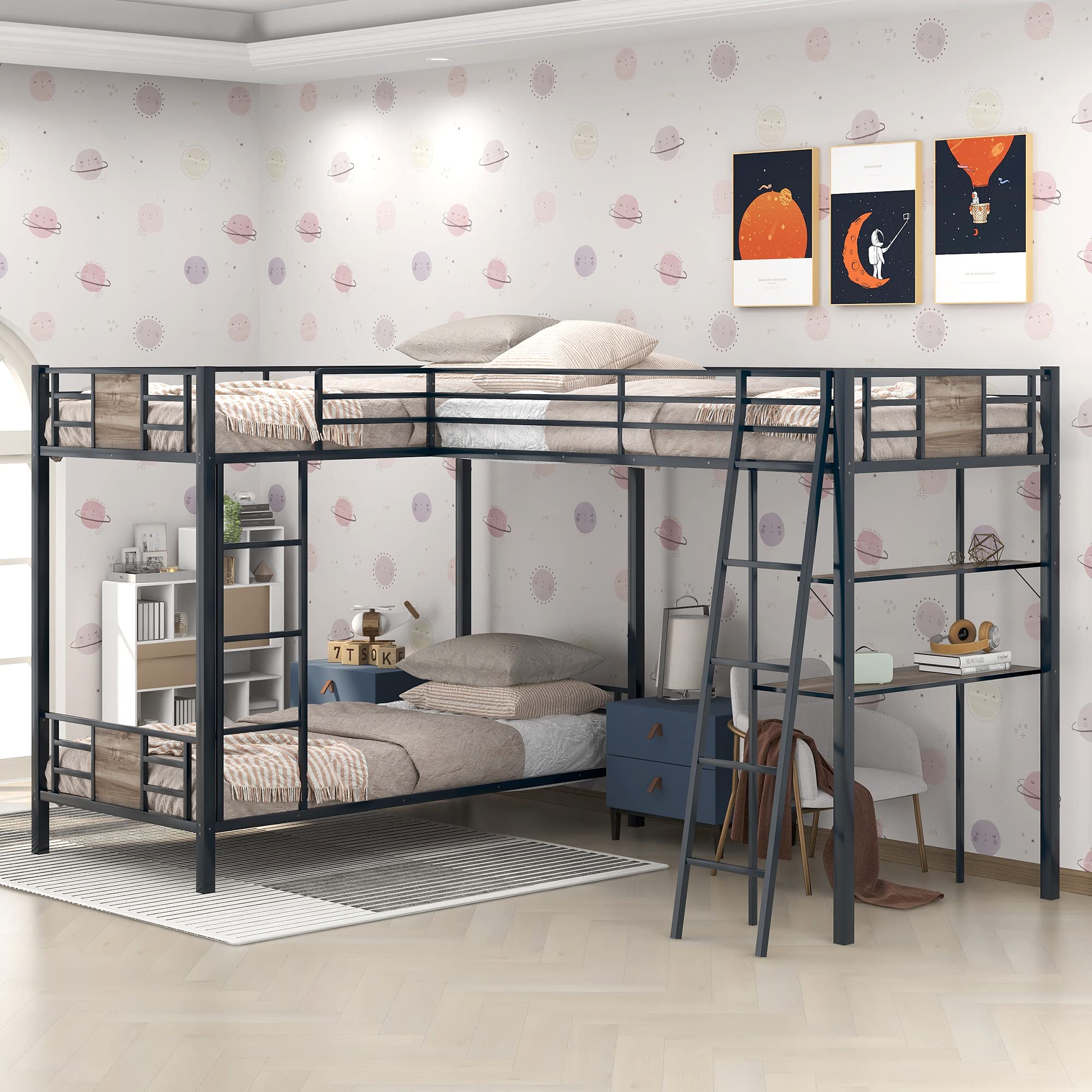 RUNWON Twin-Over-Twin Metal L-Shaped Triple Bunk Bed with a Twin Size Loft Bed and Desk and Shelf for Kids Teens
