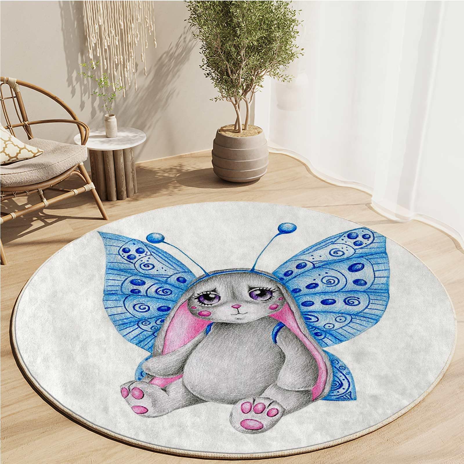 Round Chair Mat for Carpeted Floor Rabbit Under Desk Low-Pile Rug White Grey Desk Chair Mat for Home Office Hardwood Floor 2 FT