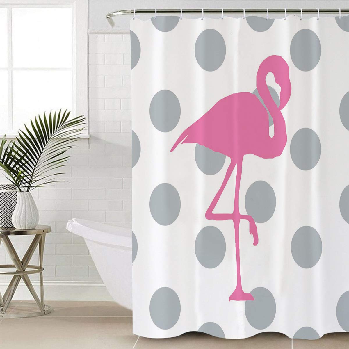 Shower Curtain Sets for Bathroom Decor with 12 Hooks, Simple Hand Painted Pink Flamingo Gary Dots 72x72 Inch Bath Curtain Washable Shower Curtain for Bathtub