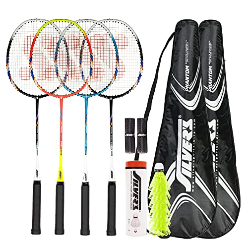 Silverās 4 Player Uni-Piece Semi-Graphite Badminton Racket Set | Includes 4 Rackets, 2 Badminton Bags, 6 Nylon Shuttlecocks and 2 Extra Replacement Overgrip Tapes.