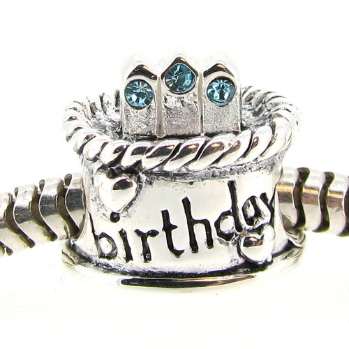 Queenberry Sterling Silver Birthday Cake Light Blue Simulated March Birthstone Round European Bead Charm