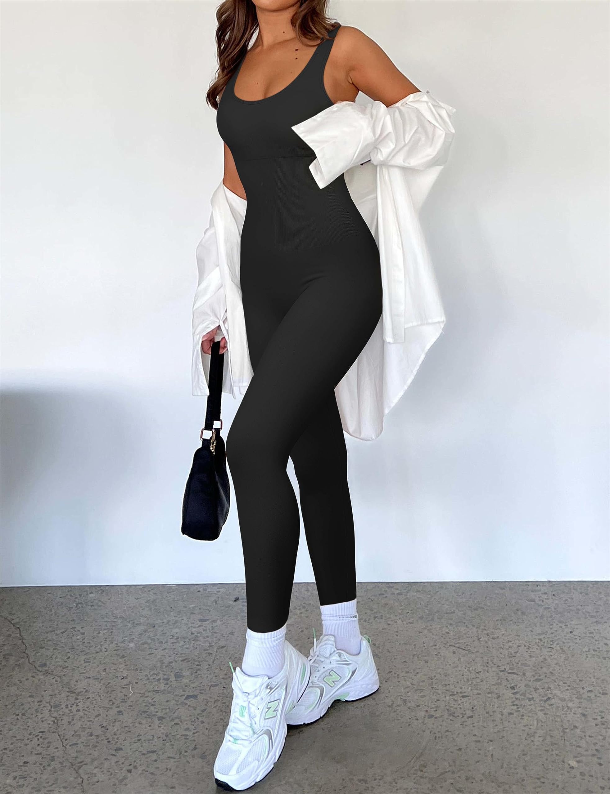 RXRXCOCO Women Backless One Piece Jumpsuits Sleeveless Scoop Neck Bodycon Romper Seamless Workout Yoga Jumpsuits Black Small