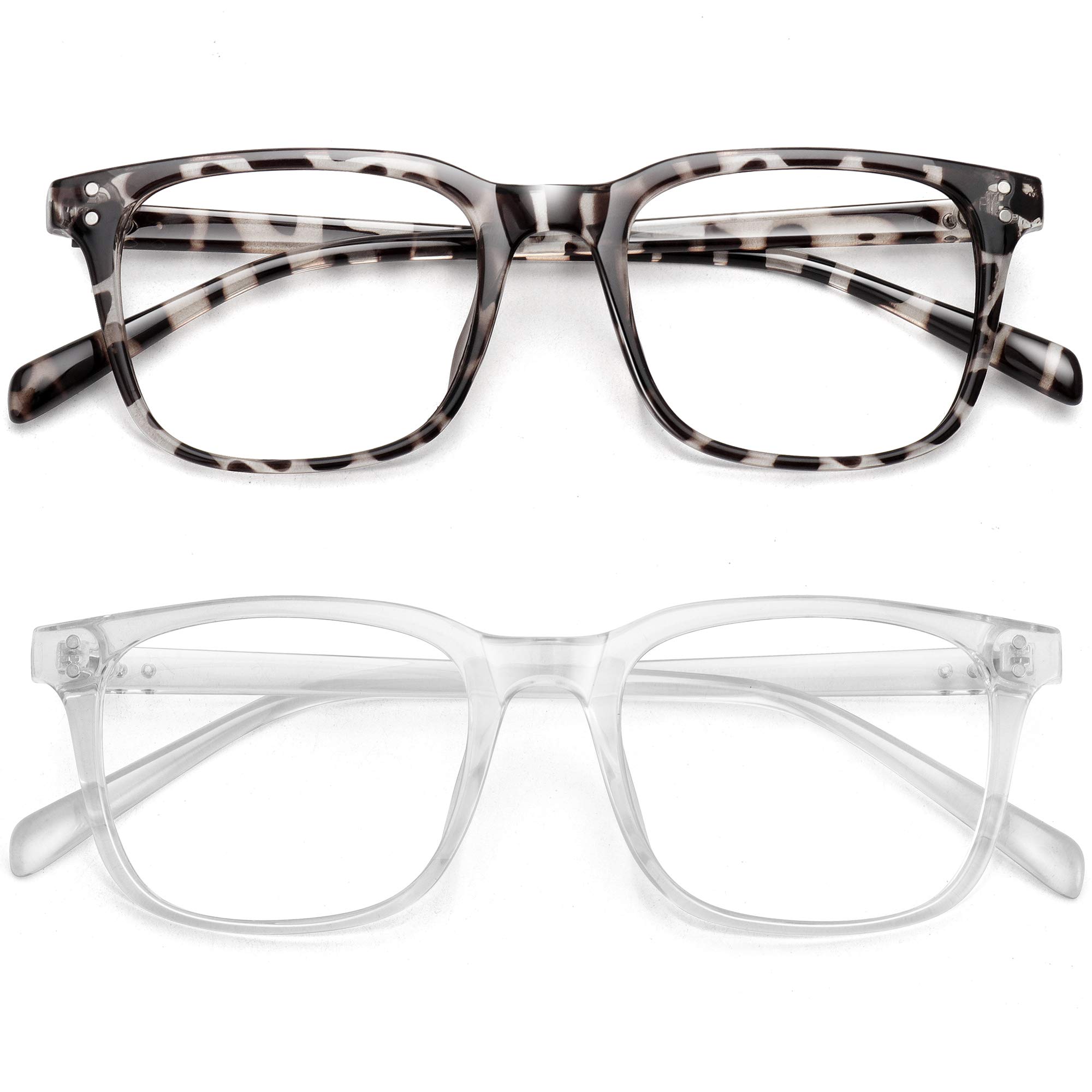 STORYCOAST 2 Pack Blue Light Blocking Glasses,Square Computer Glasses Women Men,TR90 Super Light Frames (Gray Leopard+Clear, 56)